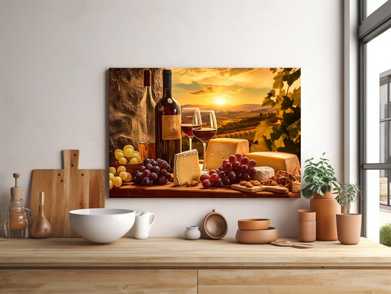 Vintage Bottles of Wine Cheese Grapes Sunset Over Tuscany Canvas Print ...