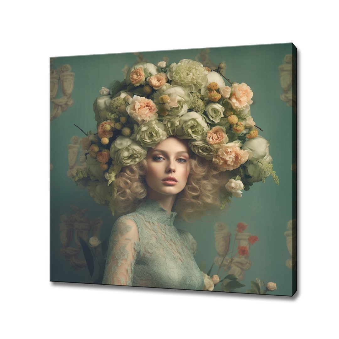 Sage Green Peach Flowers Head Woman Canvas Print, Female Floral ...
