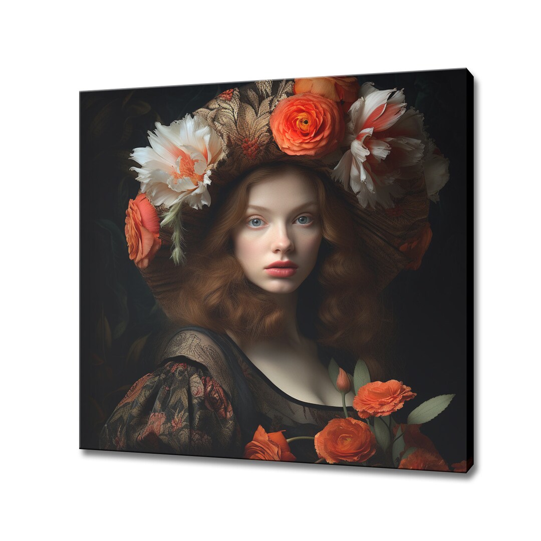 Red Brown Flowers Head Woman Canvas Print, Female Floral Portrait ...