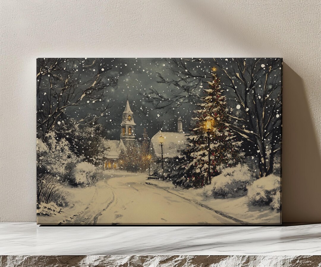 Road Through Snowy Christmas Village Church Vintage Painting Canvas ...