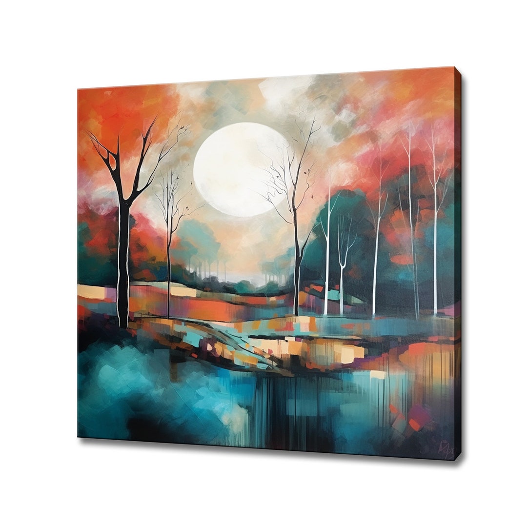 Abstract Moonlight Landscape Painting Style Canvas Print, Colourful ...