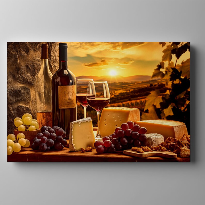 Vintage Bottles of Wine Cheese Grapes Sunset Over Tuscany Canvas Print ...