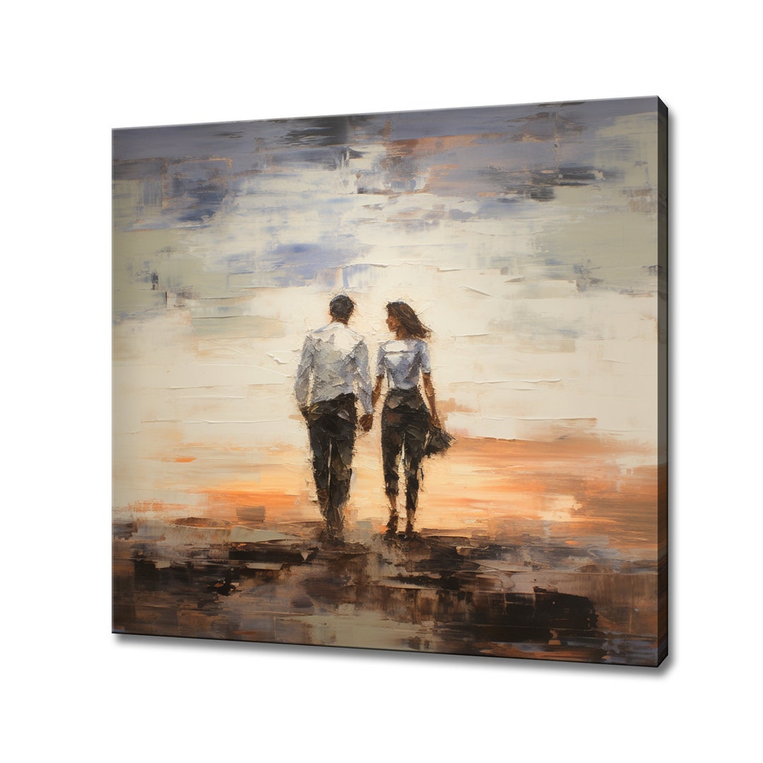 Couple Holding Hands Landscape Oil Painting Style Canvas Print, Neutral ...