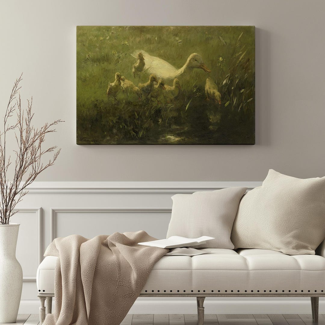 White Duck With Her Seven Chicks, Classic Vintage Painting Canvas Print ...