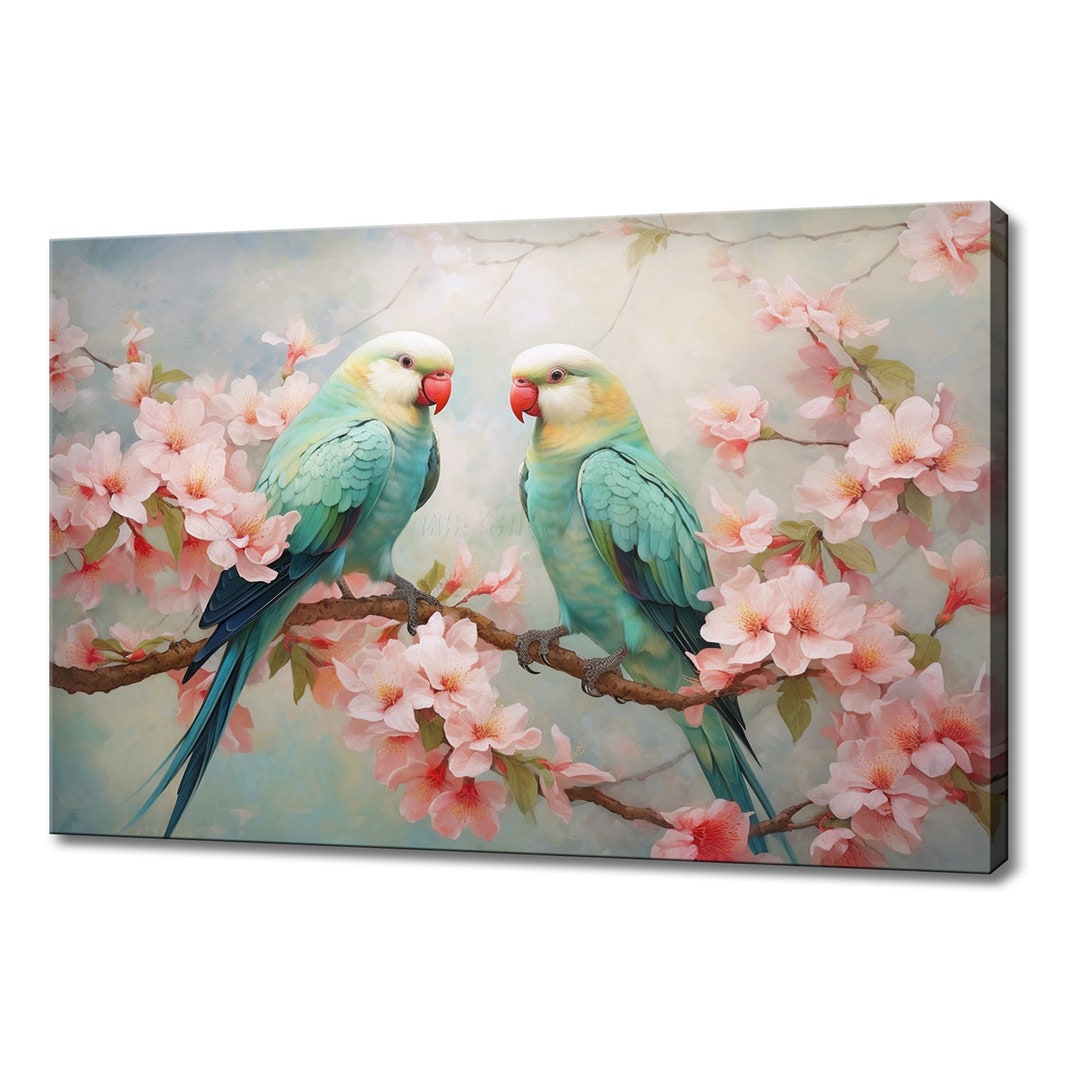Two Beautiful Love Birds Parrots on Peach Blossom Tree Canvas Print ...