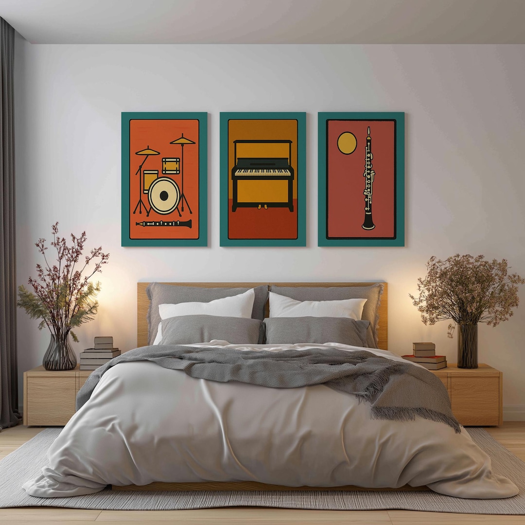 Colourful Three Panel Musical Instrument Canvas Wall Art, Drum Kit ...