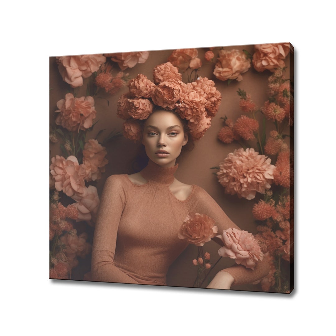 Red Brown Flowers Head Woman Canvas Print, Shabby Chick Wall Decor ...