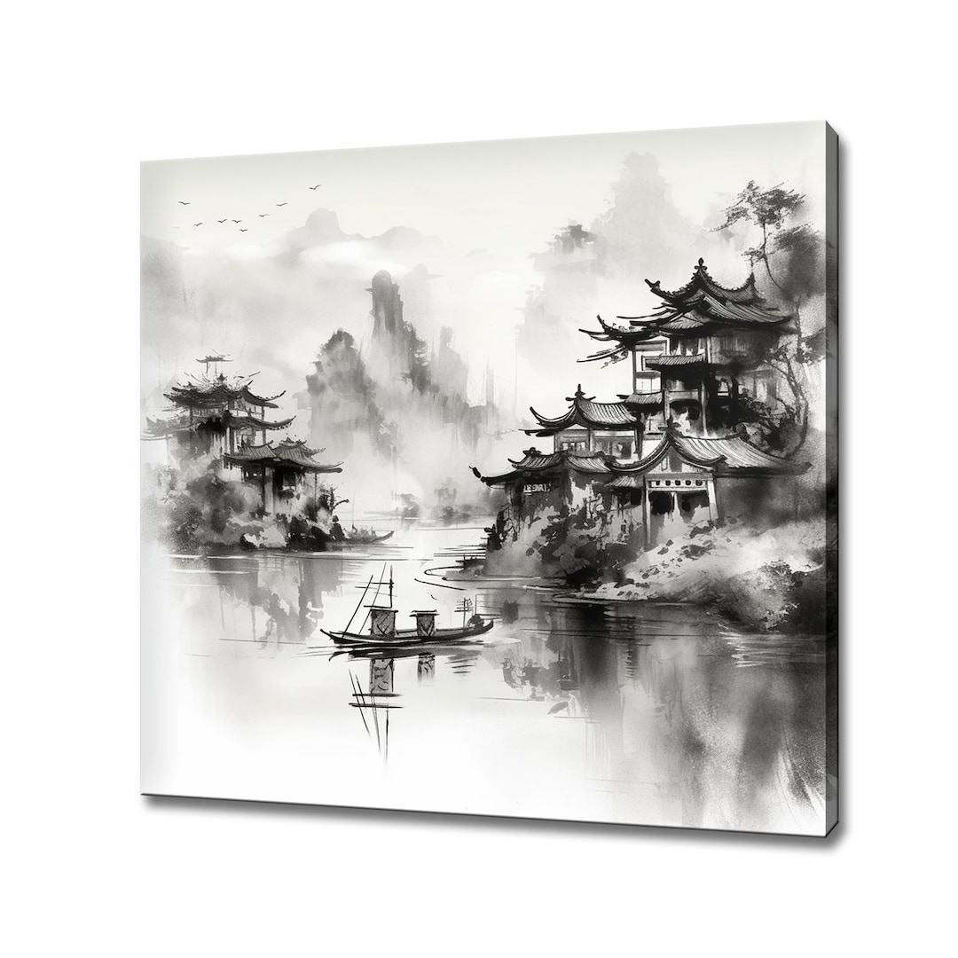 Chinese Foggy Landscape Ink Painting Style Canvas Print, Coastal ...