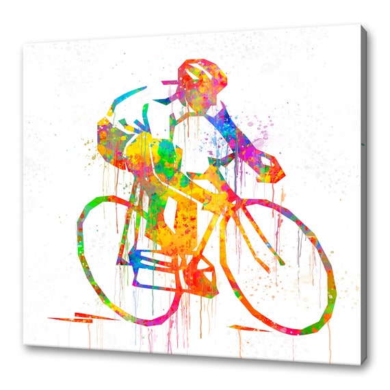 Colourful Bicycle Cyclist Watercolour Painting Style Canvas - Etsy