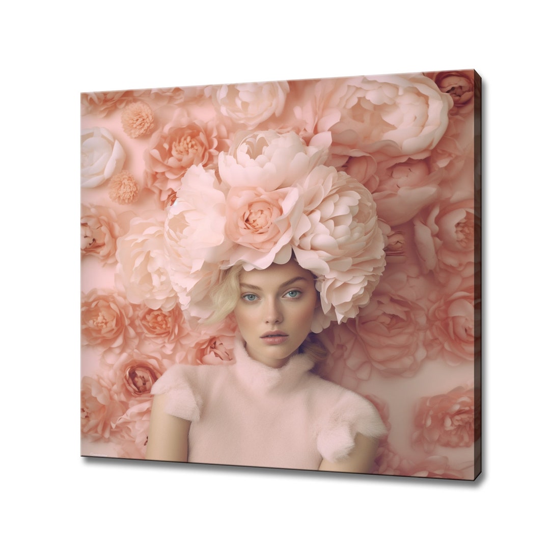 Rosa Pastell Pfingstrose Blumen Kopf Frau Leinwanddruck, Weibliches ...