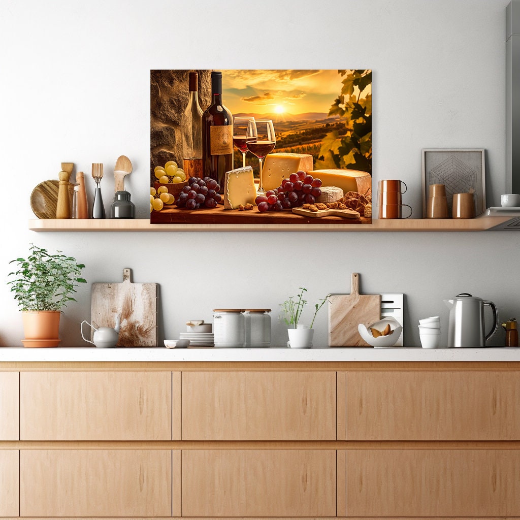 Vintage Bottles of Wine Cheese Grapes Sunset Over Tuscany Canvas Print ...