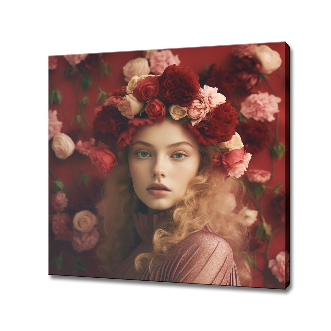 Maroon Red Pink Flowers Head Woman Canvas Print, Female Floral Portrait ...