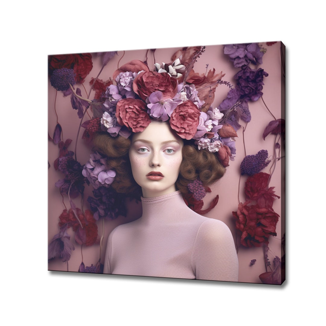 Purple Maroon Flowers Head Woman Canvas Print, Female Floral Portrait ...