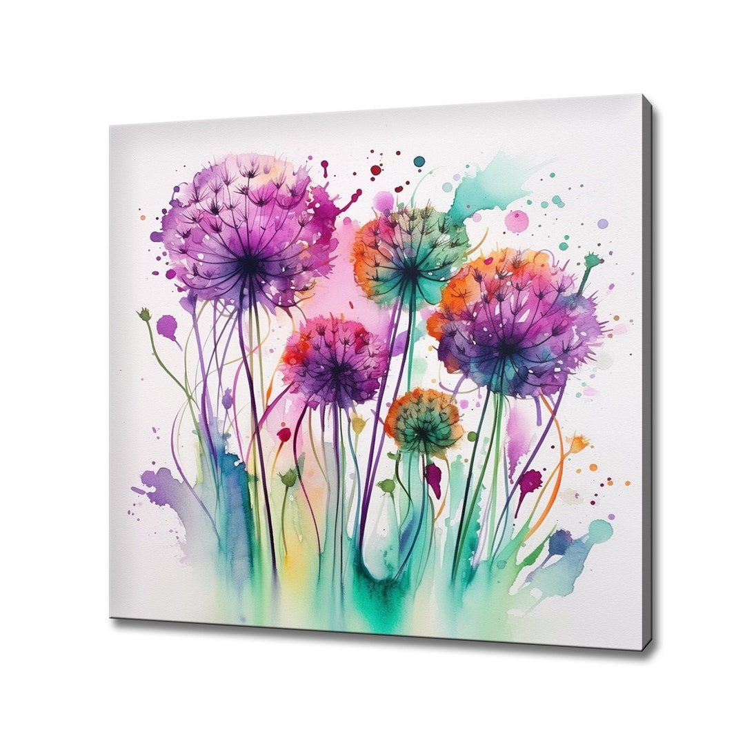 Abstract Dandelions Colourful Flowers Watercolour Painting Style Canvas ...
