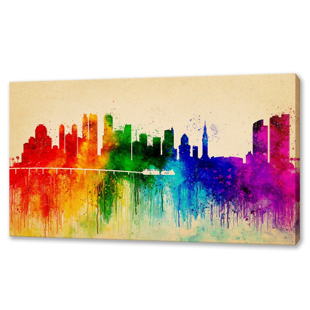 Colourful Miami Skyline Landmarks Watercolour Painting Style Wall Art ...