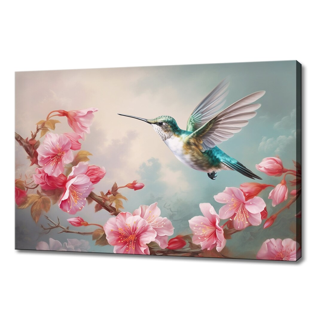 Beautiful Flying Hummingbird Pink Cherry Blossom Tree Canvas Print ...