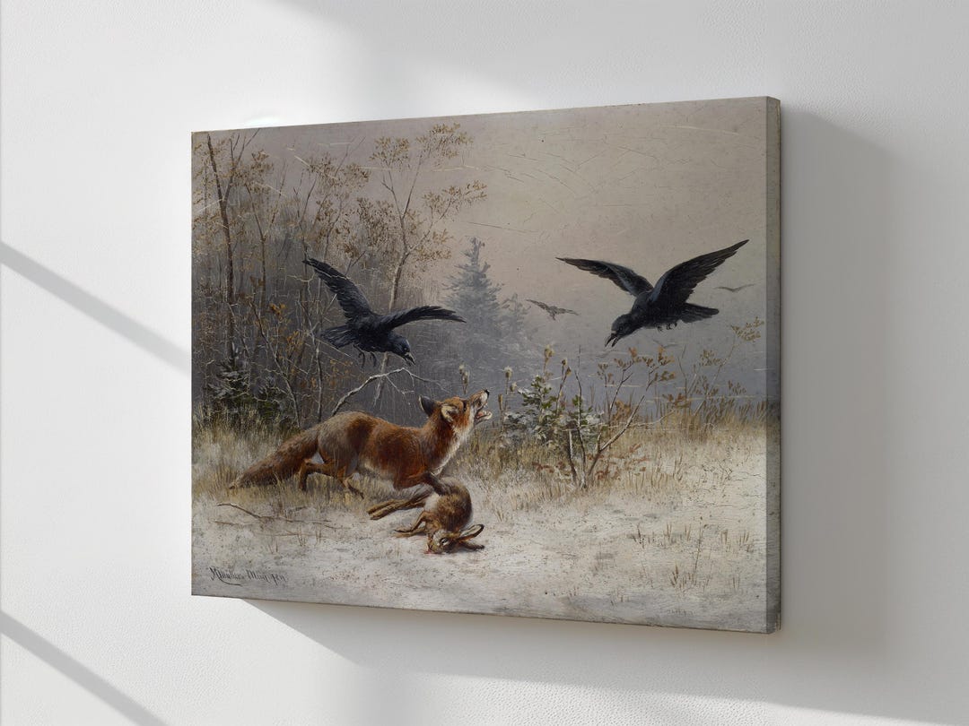 Fox Chasing Rabbit in Winter Canvas Print, Wildlife Wall Art, Snowy ...