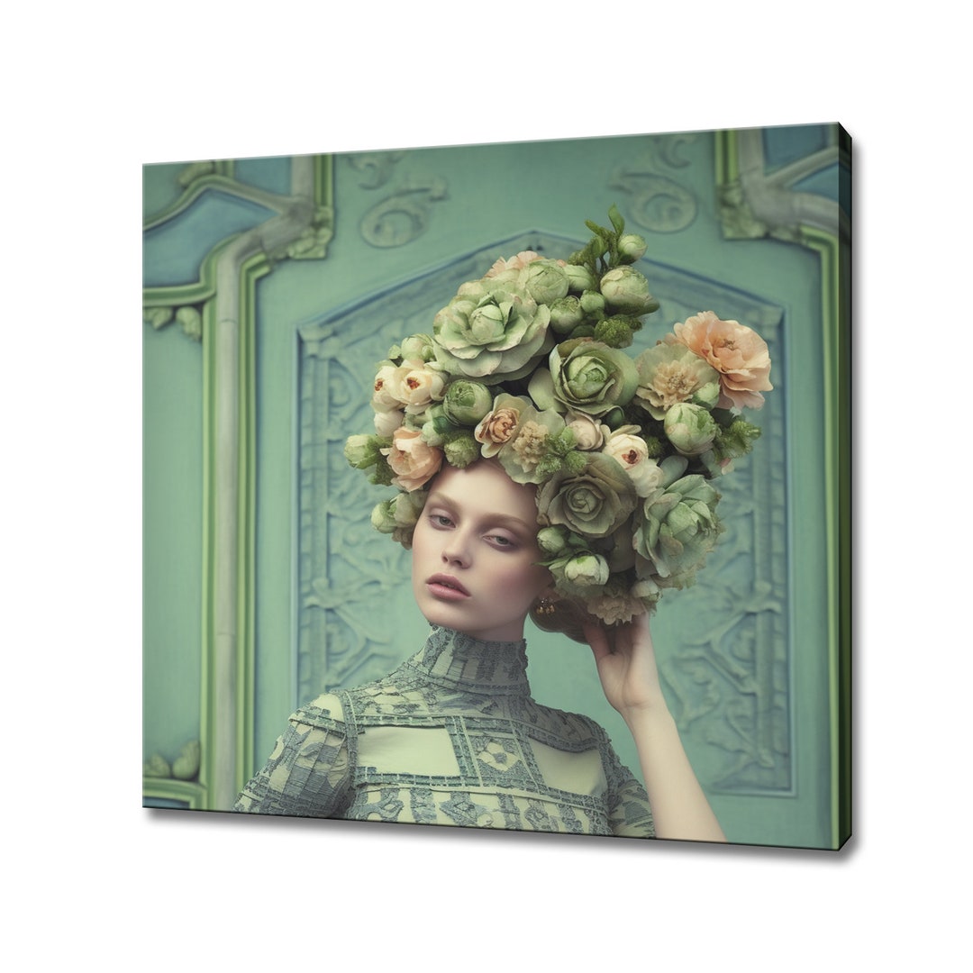 Sage Green Pastel Flowers Head Woman Canvas Print, Female Floral ...