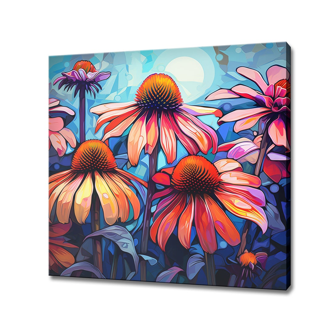 Colourful Coneflowers Field Oil Painting Style Canvas Print Art Wall ...