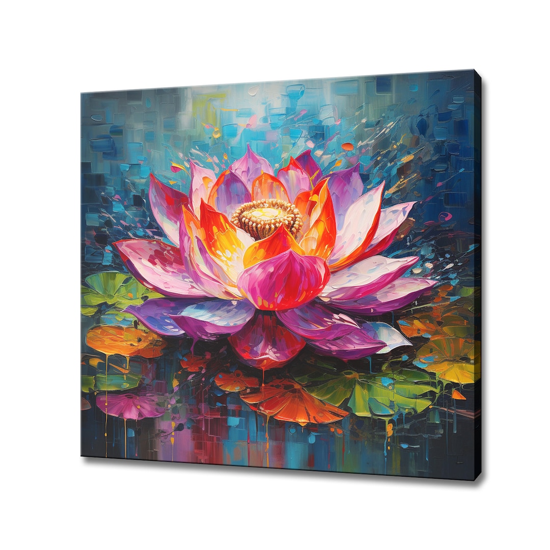 Colourful Lotus Flower in the Pond Oil Painting Style Canvas Print Art ...