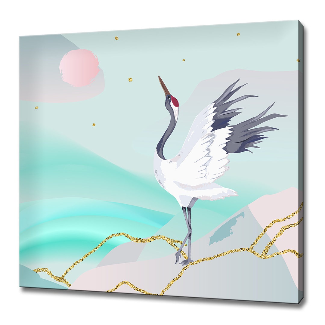 Crane Bird at Moonlight Canvas Art Print Wall Hanging Handmade Home ...
