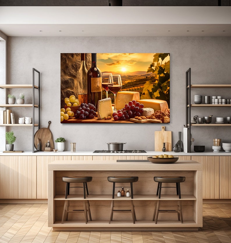 Vintage Bottles of Wine Cheese Grapes Sunset Over Tuscany Canvas Print ...