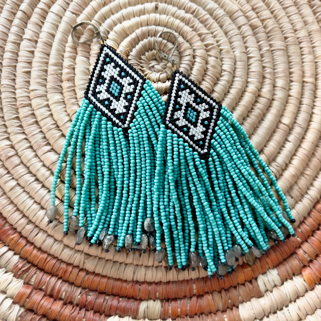 Turquoise Beaded Fringe Statement Earrings With Labradorite Gemstone ...