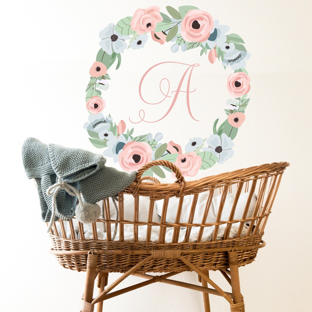 Sweet Pea Monogram Wreath, Wallpaper, Floral Decal, Peel and Stick ...