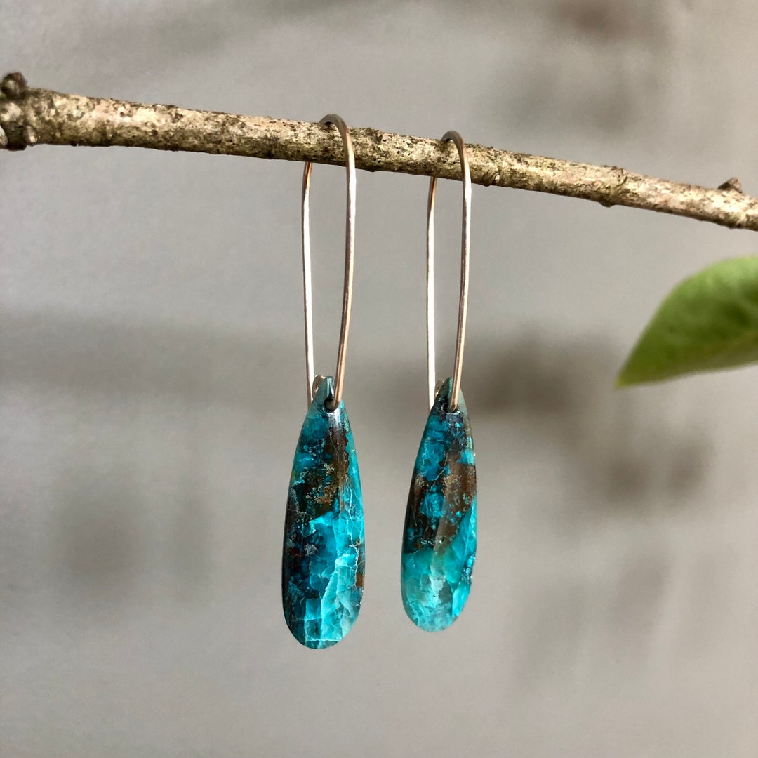 Chrysocolla Tear Drop Stone Earrings With Hand Hammered Sterling Silver ...