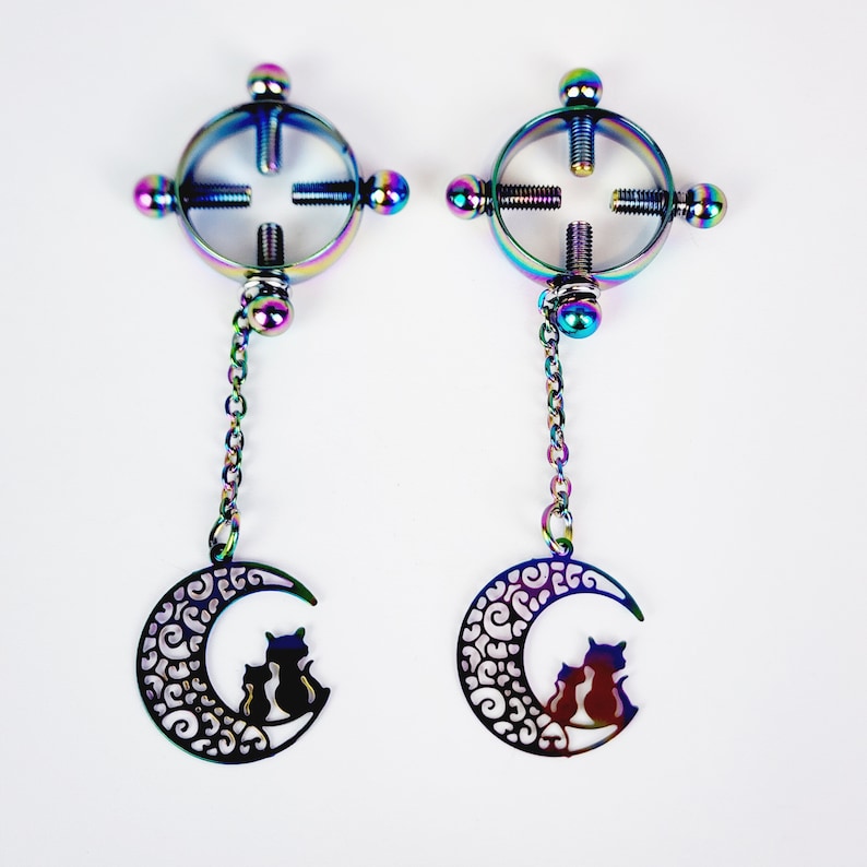 Circle Nipple Clamps, Rainbow Stainless Steel With Cats on Moon ...