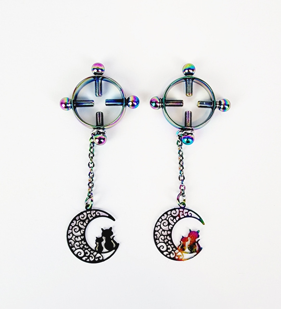 Circle Nipple Clamps, Rainbow Stainless Steel With Cats on Moon ...