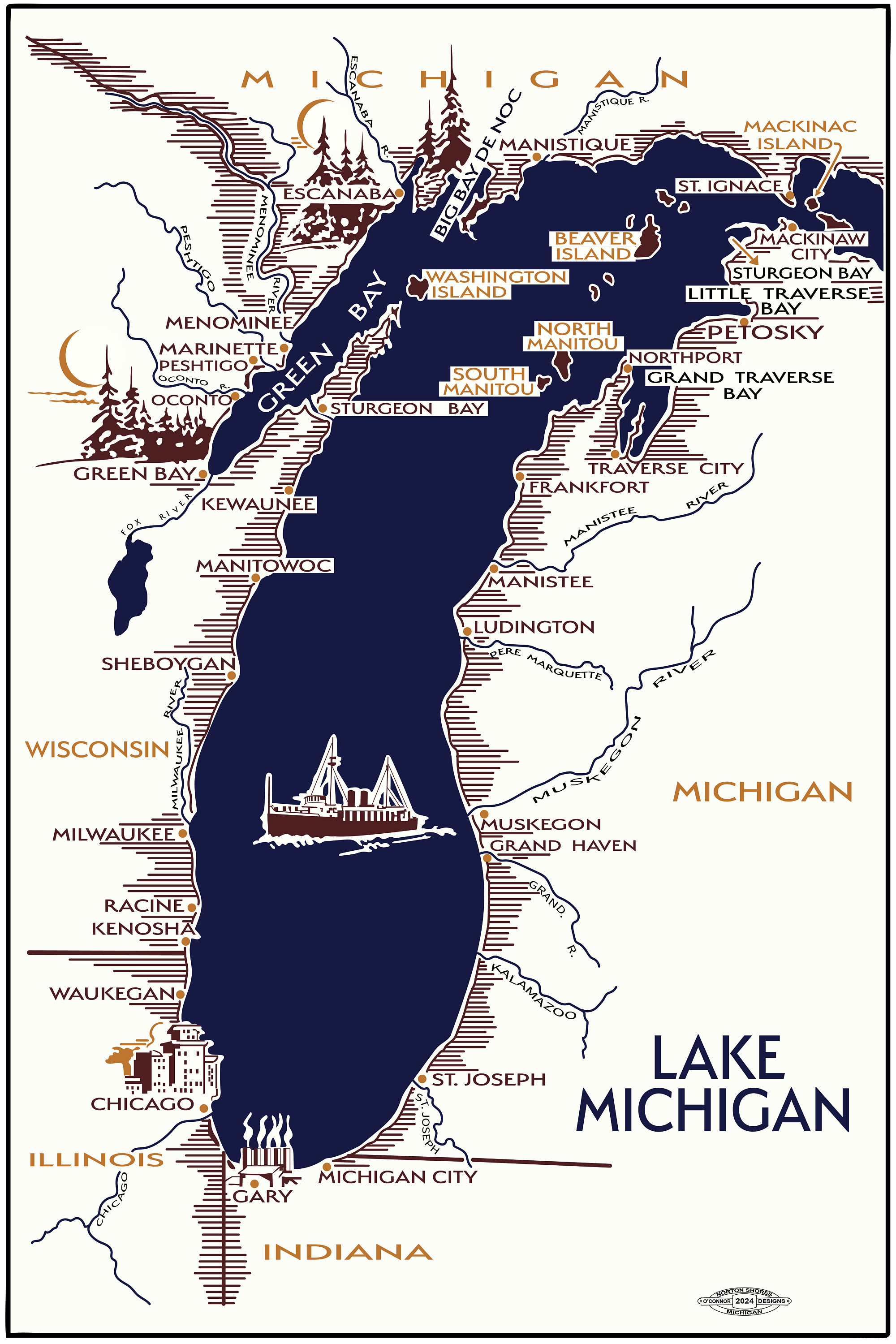 Lake Michigan Map - Etsy