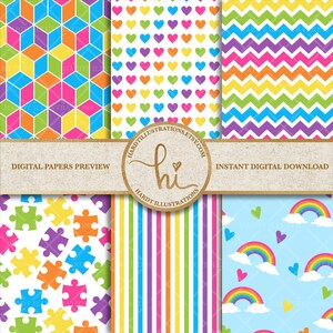 Bright Rainbow Digital Paper, Colorful Rainbow Pattern, Geometric ...