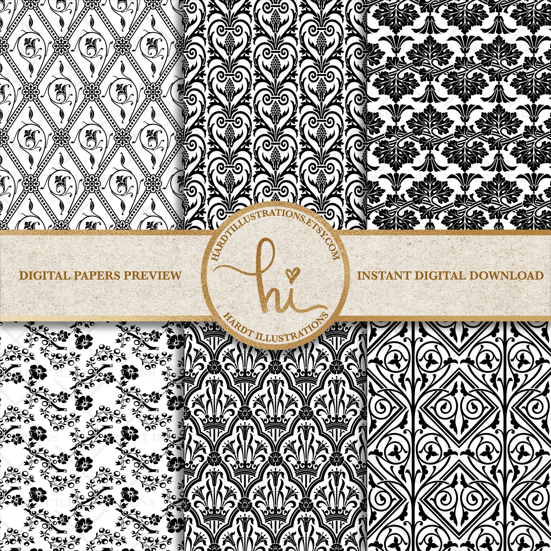 Black & White Damask Digital Paper Vintage Damask Background - Etsy