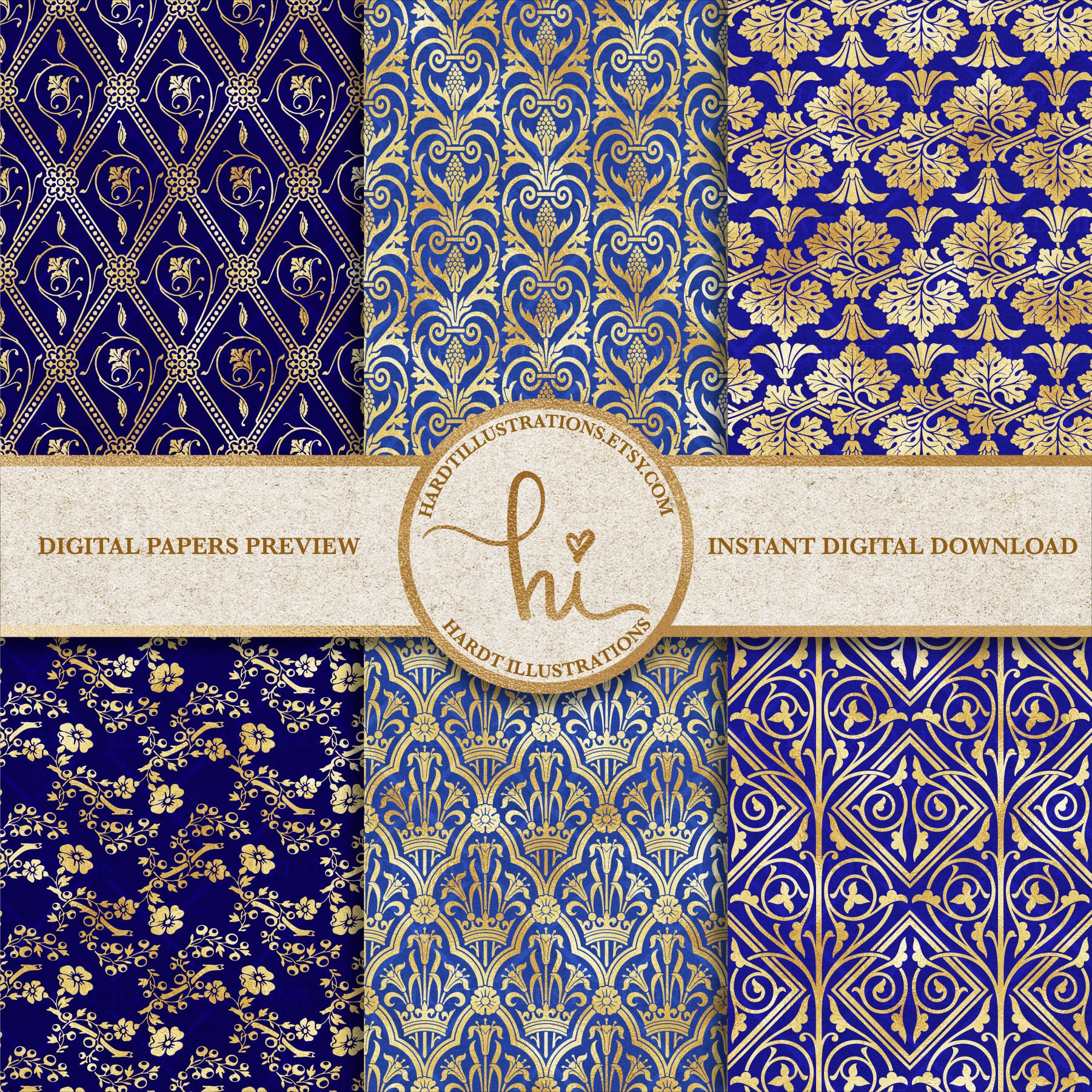 Blue & Gold Foil Damask Digital Paper Vintage Navy | Etsy