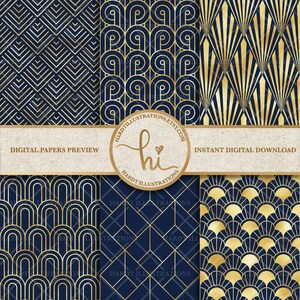 Navy & Gold Foil Art Deco Digital Paper, Geometric Design, Vintage ...