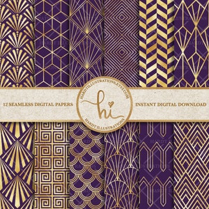 Purple & Gold Foil Art Deco Digital Paper, Geometric Design, Vintage ...