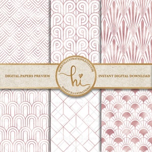 White & Rose Gold Foil Art Deco Digital Paper, Geometric Design ...