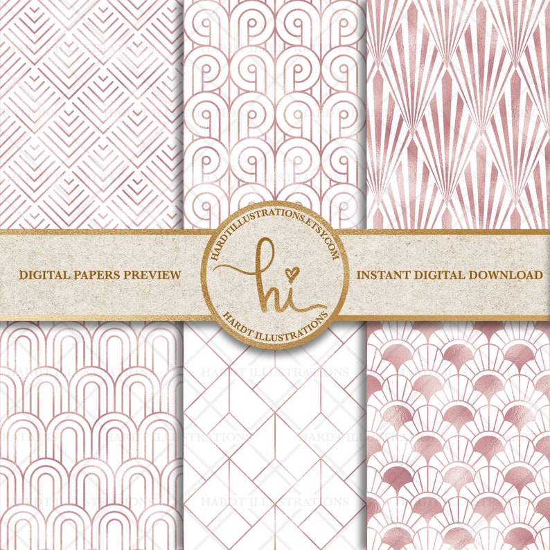 White & Rose Gold Foil Art Deco Digital Paper Geometric - Etsy