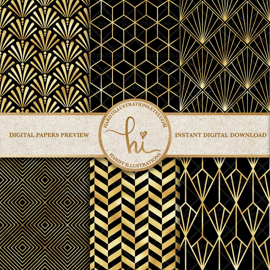 Black & Gold Foil Art Deco Digital Paper Geometric Design | Etsy