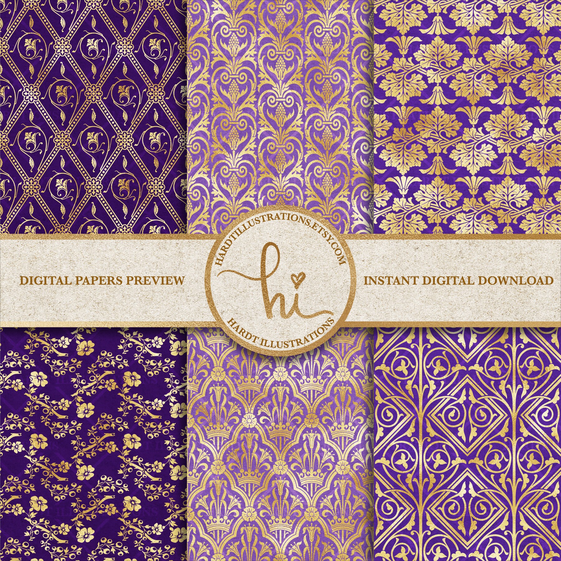 Purple & Gold Foil Damask Digital Paper Vintage Violet - Etsy