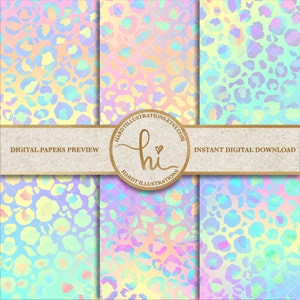 Pastel Leopard Print Digital Paper, Holographic Rainbow Digital Paper ...