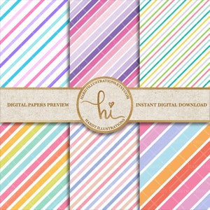 Pastel Stripe Digital Paper, Rainbow Candy Stripes Design, Diagonal ...