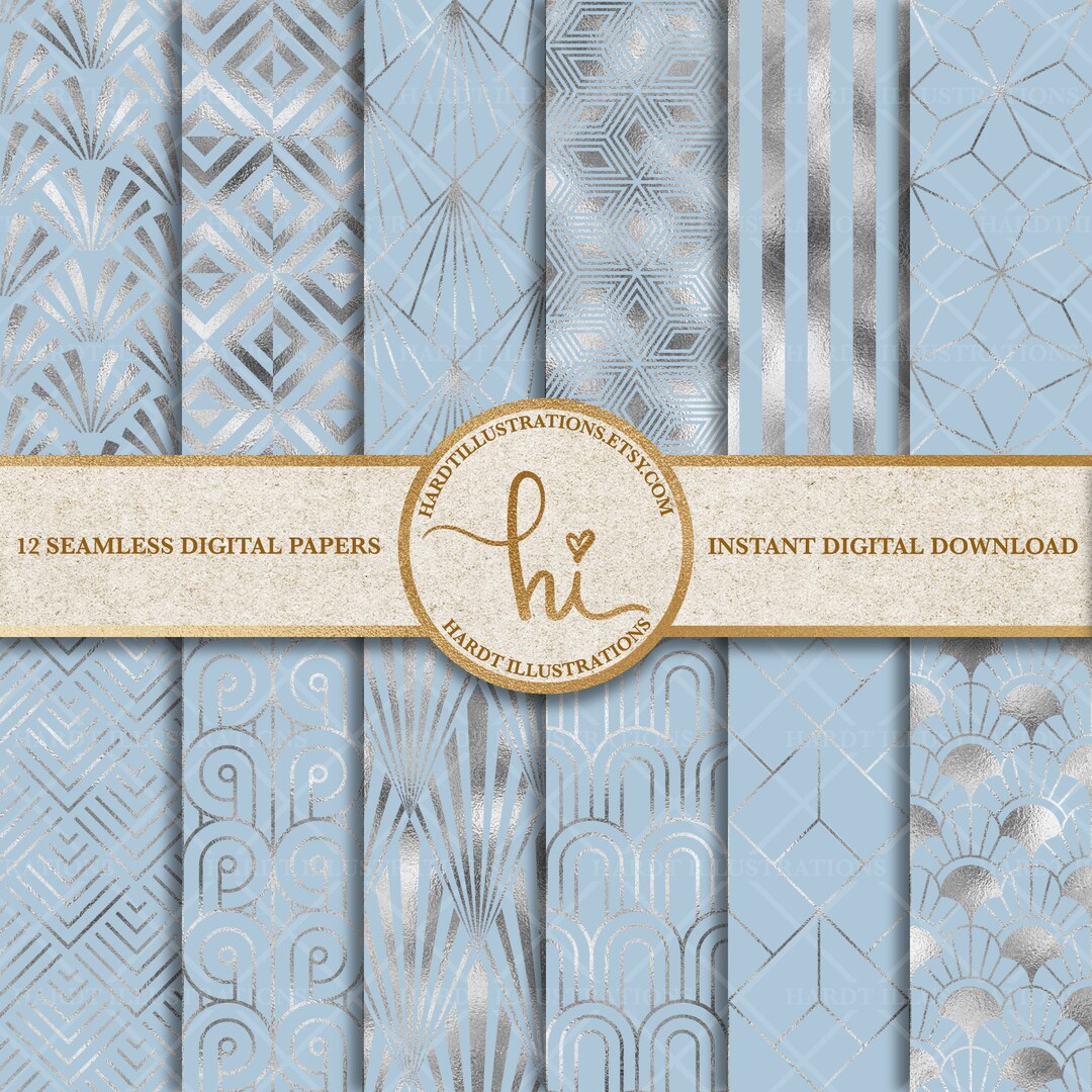 Baby Blue & Silver Foil Art Deco Digital Paper, Geometric Design ...