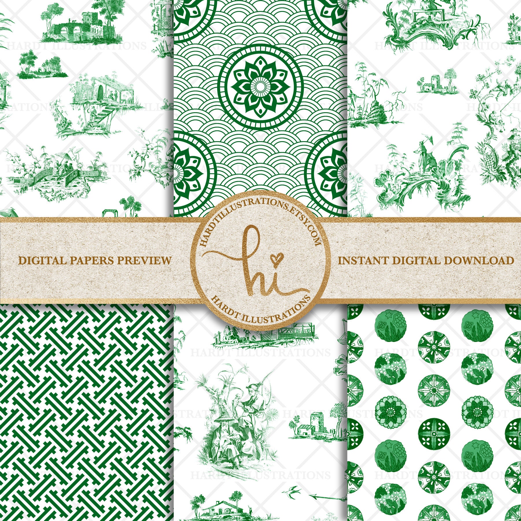Green & White Chinoiserie Digital Paper Vintage Chinoiserie | Etsy