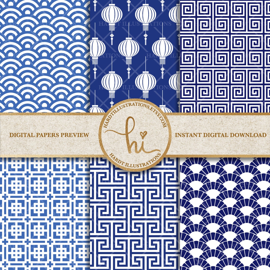 Blue & White China Digital Paper China Blue Geometric Asian - Etsy