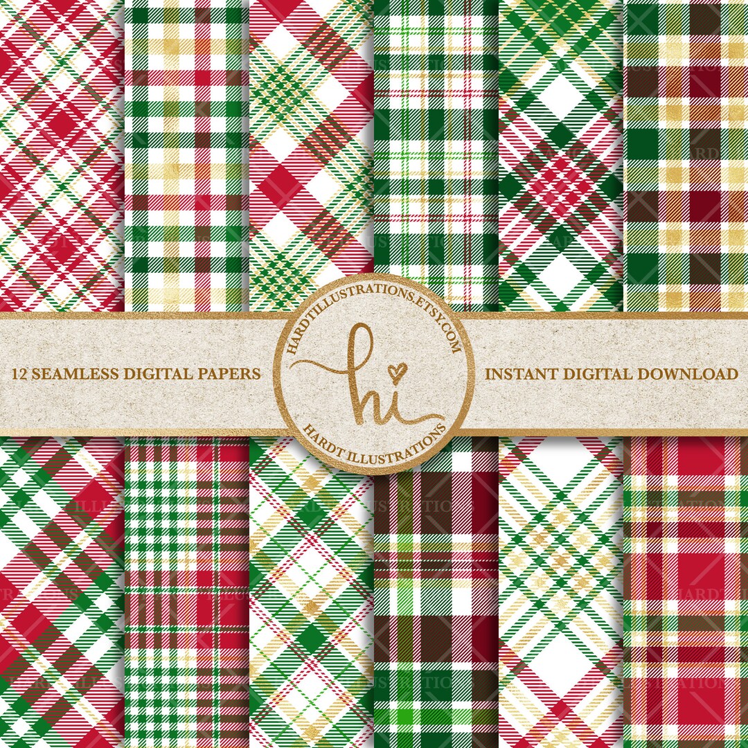Christmas Plaid Digital Paper, Gold Foil Texture, Holiday Check Pattern ...
