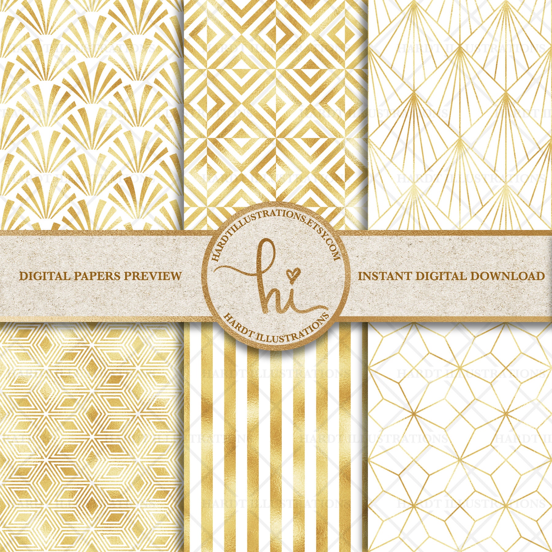 White & Gold Foil Art Deco Digital Paper Geometric Design - Etsy