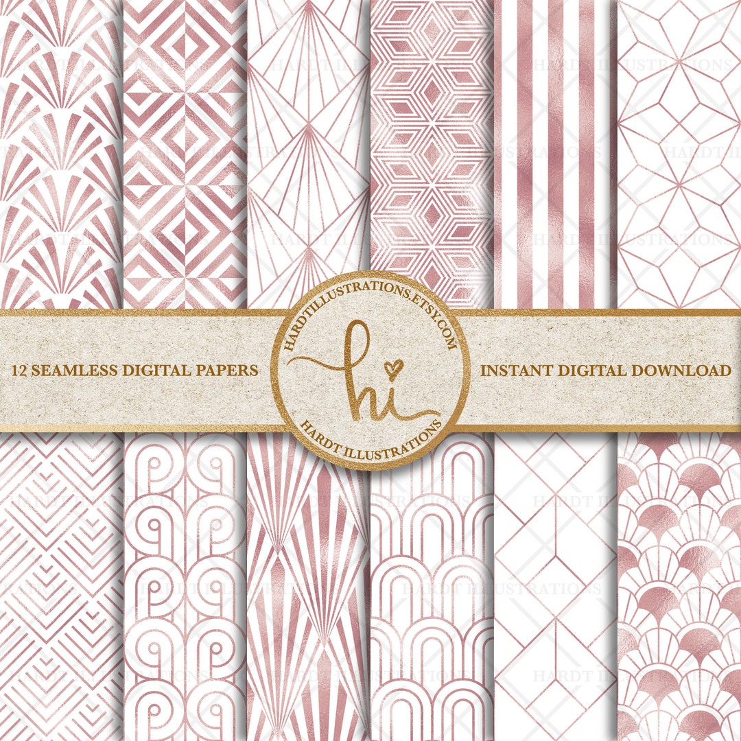 White & Rose Gold Foil Art Deco Digital Paper, Geometric Design ...