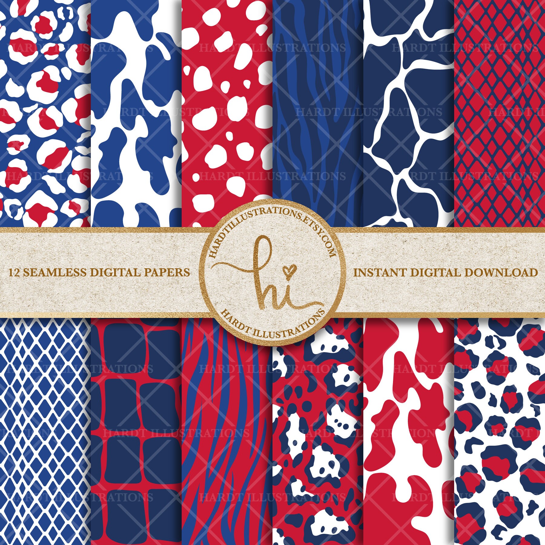 Red White & Blue Animal Print Digital Paper Safari Digital | Etsy